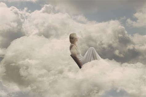 Woman Rests Peacefully Sitting Inside A Cloud Concept Of Relaxation
