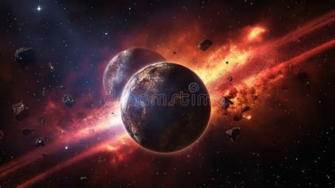 Epic Collision Of Two Planets In Outer Space With Fiery Explosion Stock