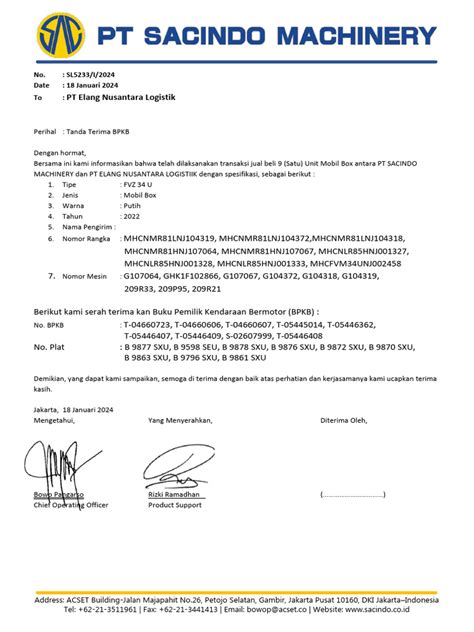 Surat Tanda Terima Bpkb Pt Elang Nusantara Kop Surat Sacindo Pdf