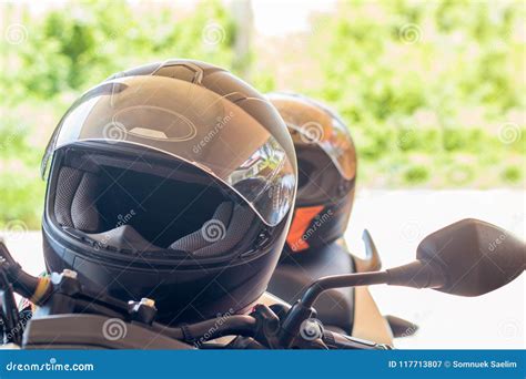 Motorcycle Gloves And Helmet On A Seat Of Sport Motorbike For Sa Stock