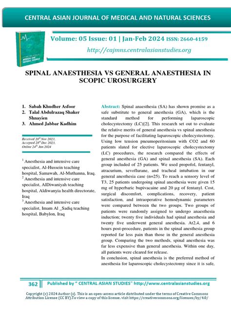 Spinal Anaesthesia Vs General Anaesthesia In Scopic Urosurgery Pdf