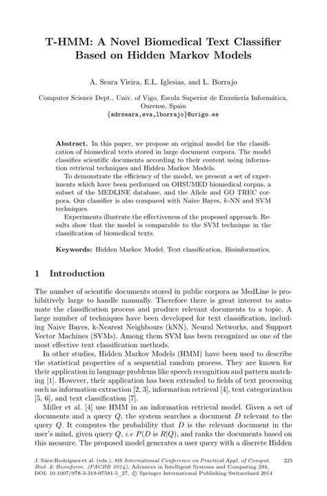 Pdf T Hmm A Novel Biomedical Text Classifier Based On Hidden Markov