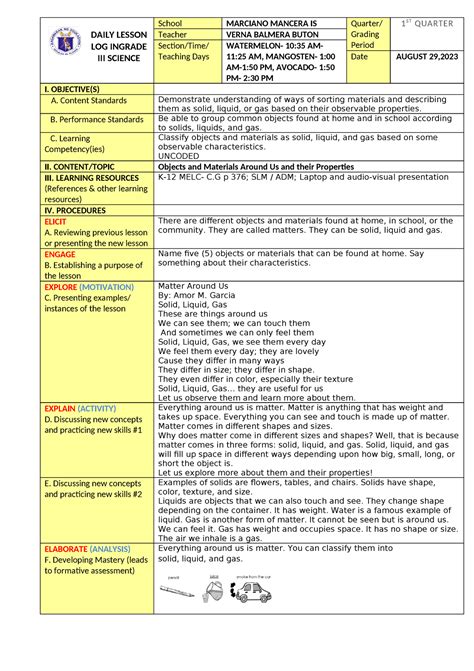 Interactive Dll Science 3 Q1 W1 Daily Lesson Log Ingrade Iii Science