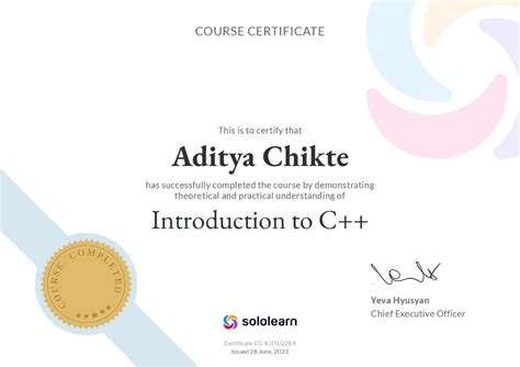 Im Happy To Share That Ive Obtained A New Certification Introduction To C From Sololearn