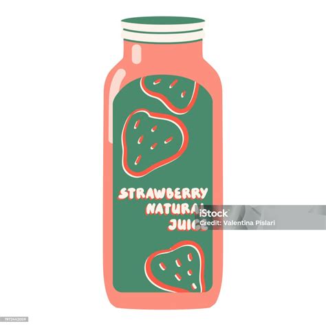 병에 딸기 주스 차가운 여름 음료 딸기 맛 소다 음료 여름 음료의 유리 병 건강한 유기농 과일 물 흰색 배경에 고립된 평면 벡터 그림 0명에 대한 스톡 벡터 아트 및 기타