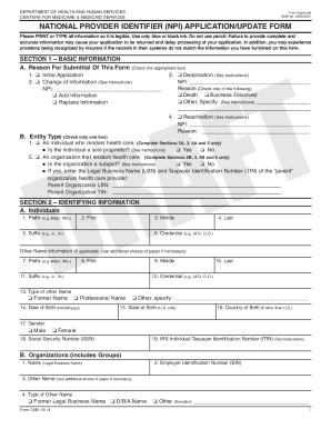 Fillable Online Form CMS 10114 NATIONAL PROVIDER IDENTIFIER NPI