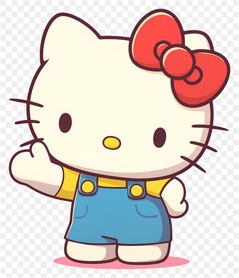Cute Hello Kitty Hello Kitty Waving With Red Bow And Blue Dungarees