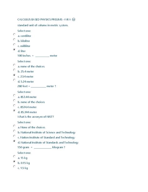Calculus Based Physics Prelim Exampdf · Version 1 Calculus Based