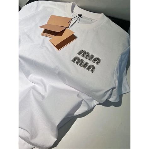 Футболка Мужской Miu Miu белый Короткий размер 44 Хлопок Однотонный Логотип облегающий