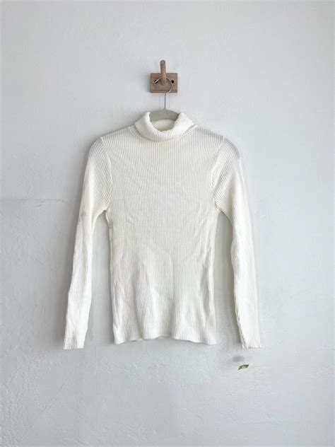 70s White Ribbed Long Sleeve Turtleneck Etsy