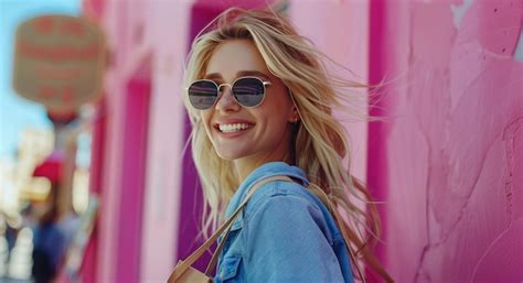 Smiling Woman Wearing Sunglasses In Front Of Pink Wall Premium Ai