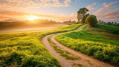 Scenic Winding Path Through A Field Of Green Grass At Sunrice Stock