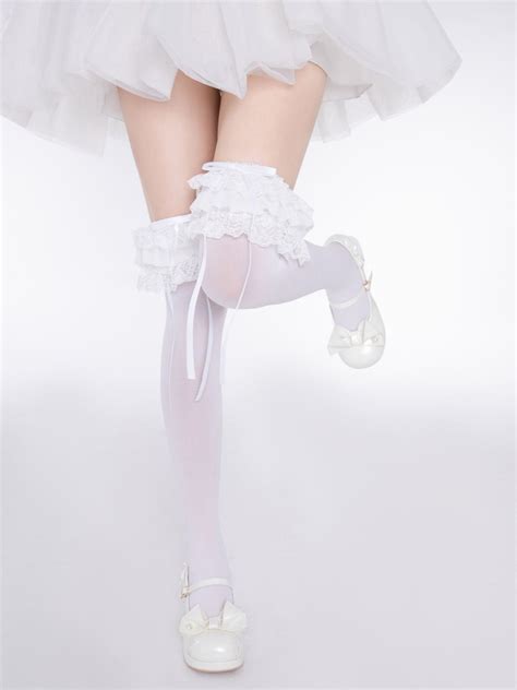Layered Lace Ruffled Cuff Over Knee Stockings Whiteblackcreamy White