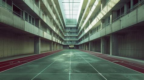 Symmetrical Empty Tennis Court In Large Building Landscape Premium Ai