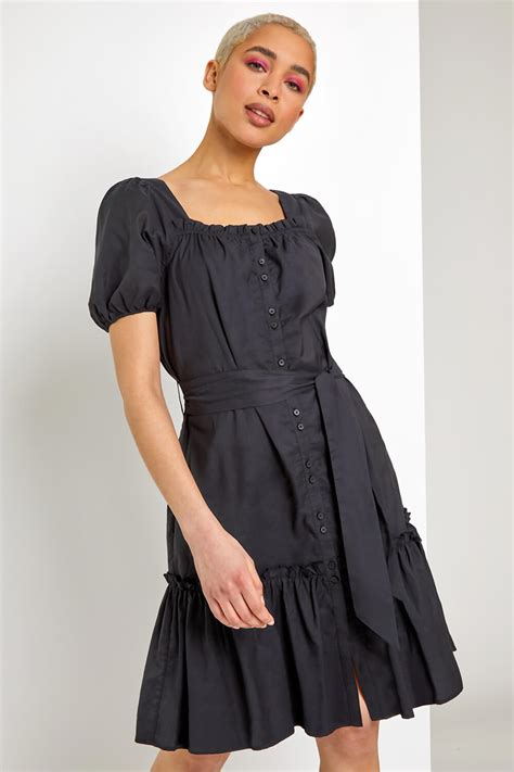 Black Puff Sleeve Tiered Square Neck Dress Dusk Uk
