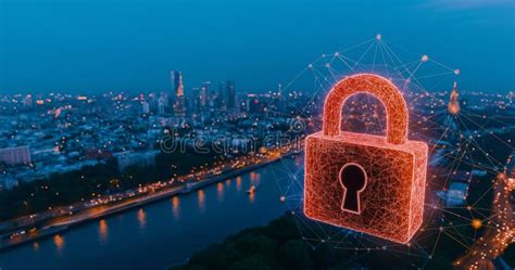 Digital Security Symbols With Glowing Padlock Over City Skyline At Dusk