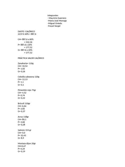 Cálculo De Gasto Calórico Y Macronutrientes Pdf