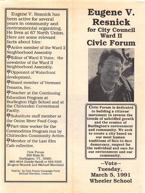 Eugene V Resnick For City Council Pdf Public Sphere Government
