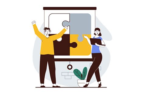 웹을 위한 플랫 디자인에서 사람들 장면과 팀워크 개념 여자와 남자는 퍼즐 조각을 수집하고 파트너십과 협력을 한다 소셜 미디어