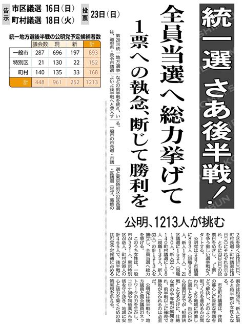 統一選後半戦、勝利に向けて！：いざ ️ 勝利に向けて💪 （統一選さあ後半戦！）全員当選へ総力挙げて／1票への執念、断じて勝利を／公明、1213