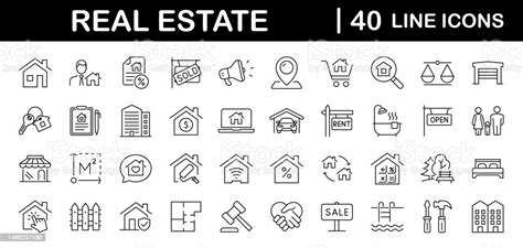 줄 스타일의 웹 아이콘의 부동산 집합입니다 웹 및 모바일 앱을 위한 부동산 아이콘 주택 부동산 임대 건물 보험 부동산 주택 융자 모기지 등의 구매 및 판매 아이콘에 대한