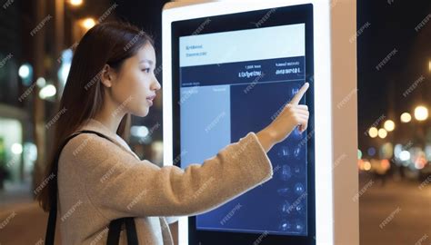 A Woman Points At A Informational Display In A Public Square Premium Ai Generated Image