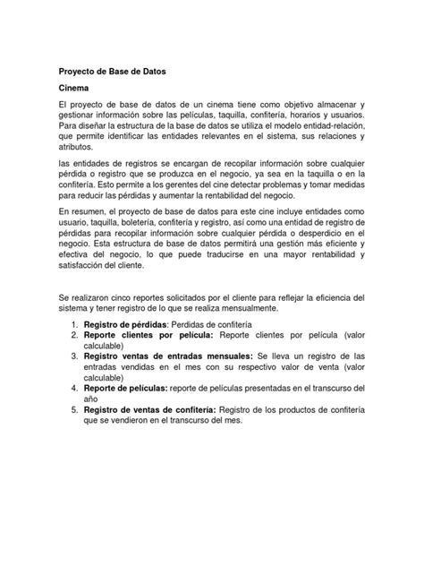 Proyecto De Base De Datos Cinema Pdf Finanzas Y Dinero