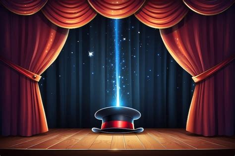 Premium Photo Magic Wand And Hat On Stage With Curtain Focus And
