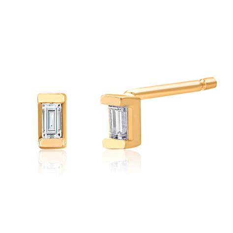 Baguette Diamond Yellow Gold Mini Stud Earrings Second Or Third Hole