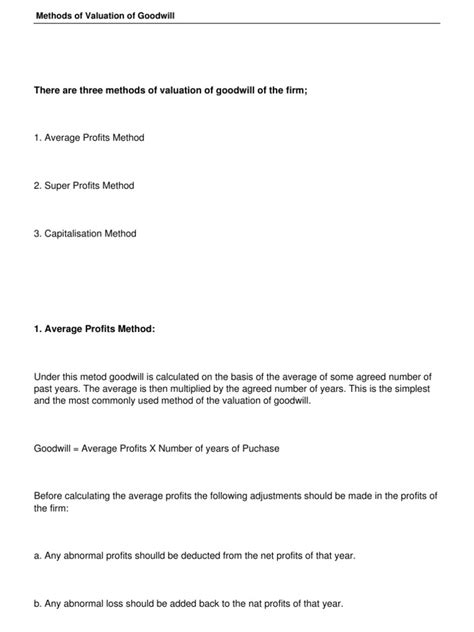 Methods Of Valuation Of Goodwill Pdf Goodwill Accounting