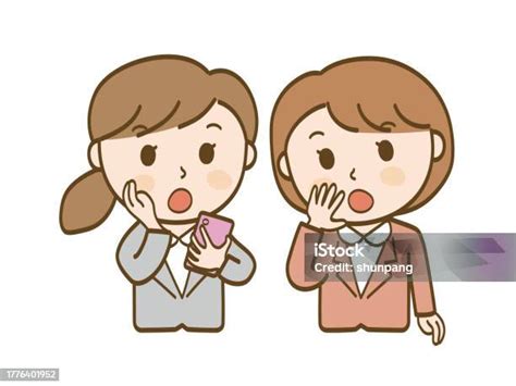 양복을 입은 두 명의 여성 회사원이 스마트폰을 보고 놀란 표정을 짓고 있다 20 29세에 대한 스톡 벡터 아트 및 기타 이미지