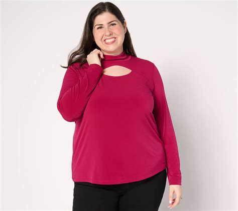Susan Graver Liquid Knit Long Sleeve Mock Neck Top W Keyhole