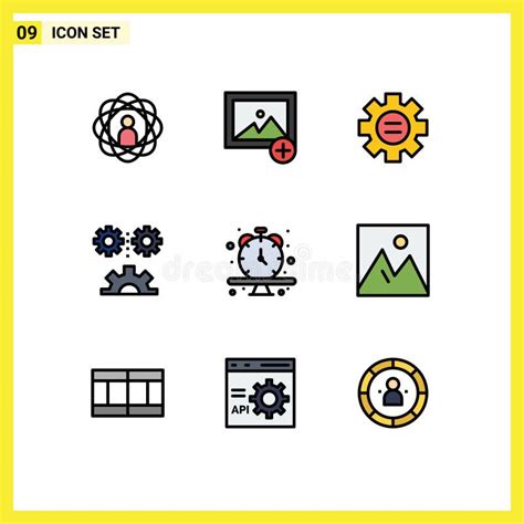 Mobile Interface Filledline Flat Color Set Of 9 Pictograms Of Clock