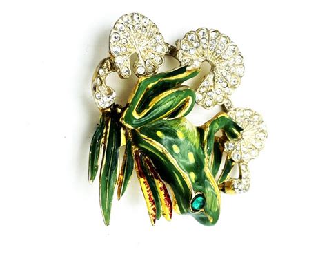 Enamel Frog Brooch On Three Lilys Coro Craft Sterling Gold Plated