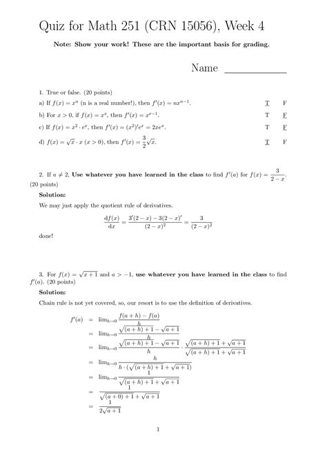 Quiz With Solution Calculus I Math 251 Docsity