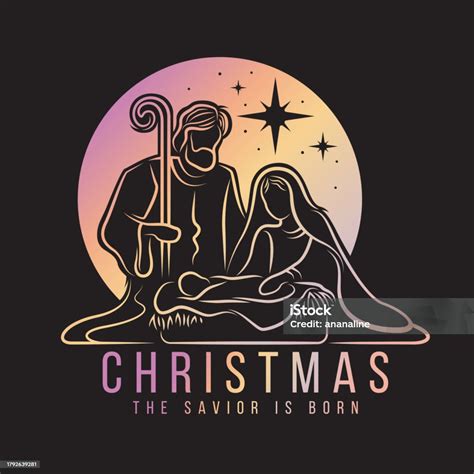 크리스마스 구세주가 태어납니다 검은 배경 벡터 디자인에 별 추상 선 그리기 스타일과 함께 원형 밤하늘에 아기 예수 구유에서 마리아와 요셉과 함께 탄생 성탄화에 대한 스톡