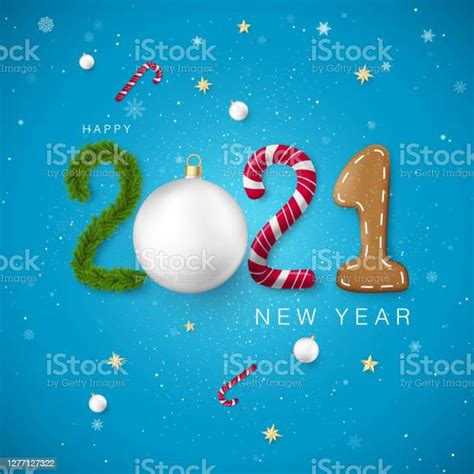 새해 복 많은 2021 사탕과 크리스마스 볼 소나무와 진저 브레드 쿠키 휴일 배너 또는 인사말 카드에 대한 템플릿 0명에 대한