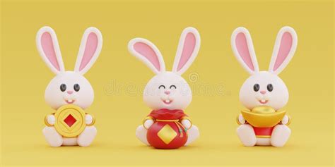 3d Cute Rabbit Holding Fortune Bag And Wealth Gold Money Isolated