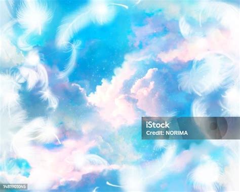 무지개색 성운 구름 바다 푹신한 하얀 천사 날개가 아름답고 신비로운 빛과 다채로운 우주에 떠 있는 배경 그림 깃털에 대한 스톡 벡터 아트 및 기타 이미지 Istock
