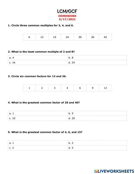 Greatest Common Multiple Worksheets Factors Multiples Worksh