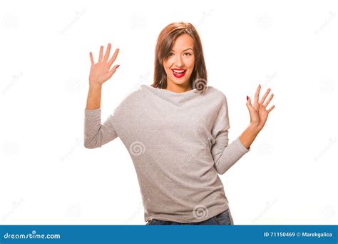 Beautiful Happy Young Woman Standing With Hands Hands Up Stock Image