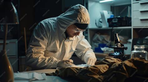 A Forensic Analyst In A Lab Examining Clothing And Other Evidence Under