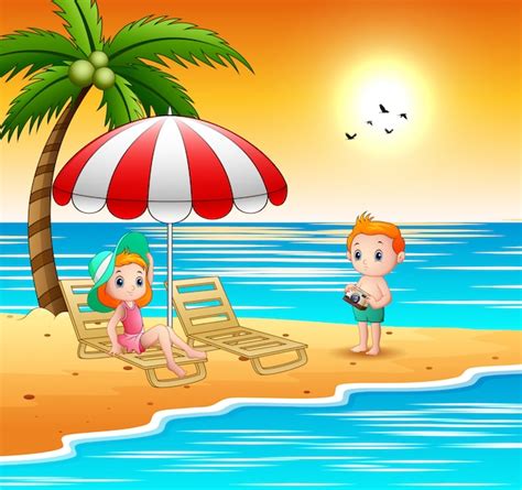 Cartoon Kinder Entspannen Am Strand Premium Vektor