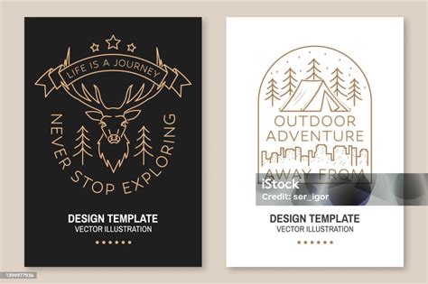 Set Template Berkemah Vektor Selebaran Seni Garis Brosur Spanduk Desain