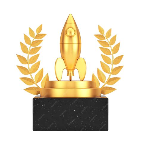 우승자 수상 큐브 골드 월계관 연단 무대 또는 황금 로켓 3d 렌더링이 있는 받침대 프리미엄 사진