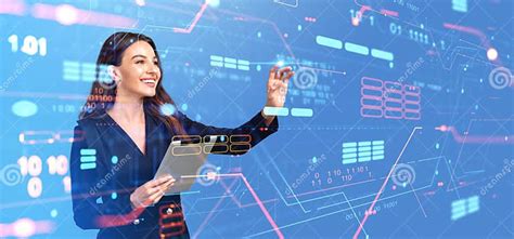 Woman Finger Touching Data Server Processing Information With Binary