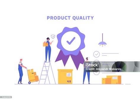 제품 품질 관리 그림 제품 보증 서비스 품질의 개념 사람들이 인증서를 확인합니다 상자를 검사하는 직원 웹 배너를위한 평면 디자인의 벡터 일러스트 레이 션 Ui 검사 보기에