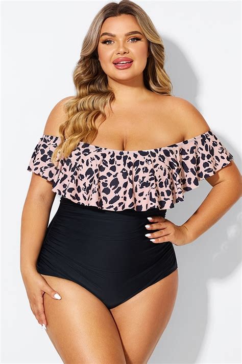 Animal Print Ruffle Off Shoulder One Piece Swimsuit Meetcurve Meet