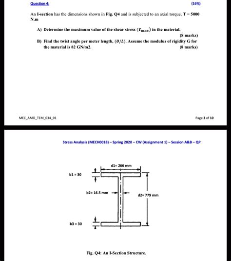 Solved Question 4 16 An I Section Has The Dimensions Shown In Fig