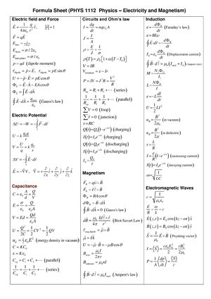 Formula Sheet For PHYS1112 Midterm Exam Formula Sheet PHYS 1112